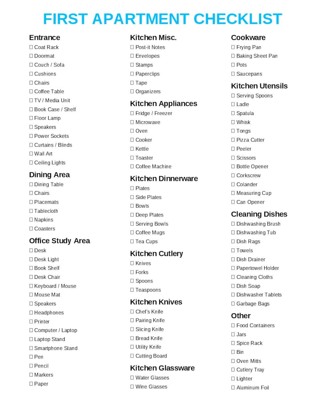 First Apartment Checklist Printable | New Home Essentials | Move-in ...