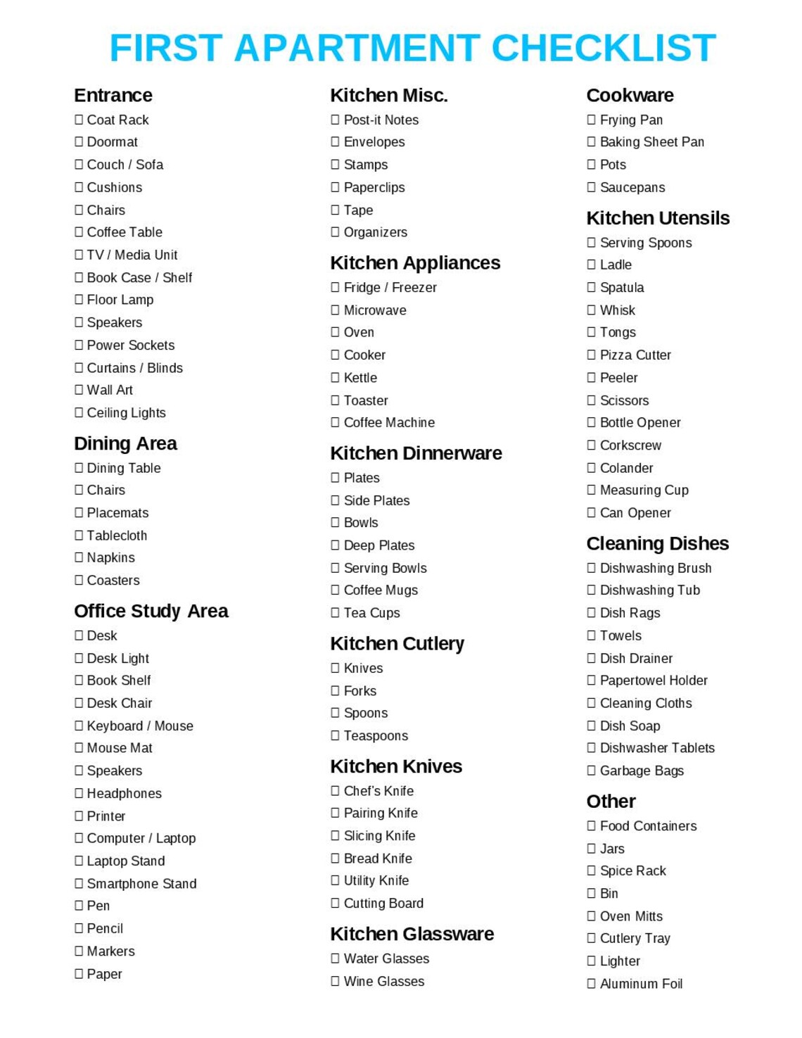 First Apartment Checklist Printable | New Home Essentials | Move-in ...
