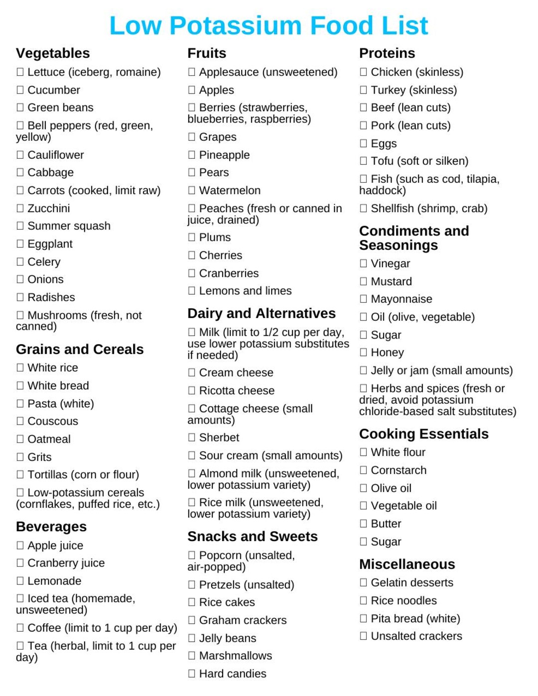 Low Potassium Food List Printable | Kidney-friendly Grocery List | A4 ...