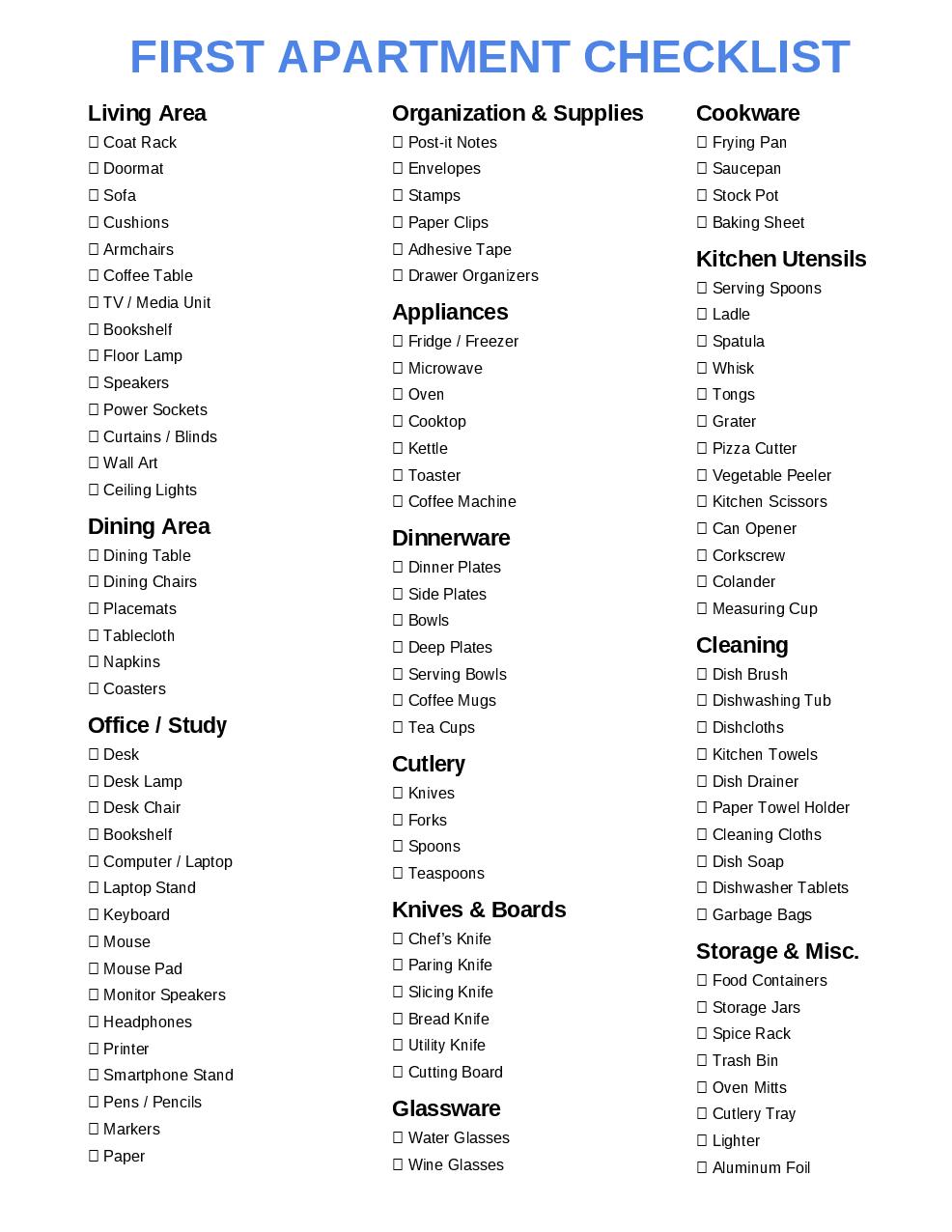 First Apartment Checklist Printable | Move-in Essentials PDF | New Home ...