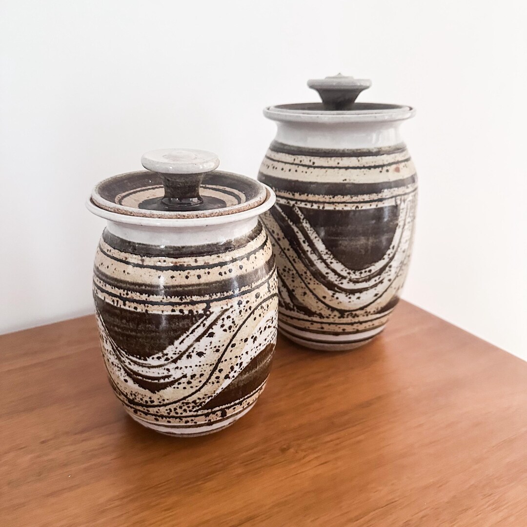 Vintage Studio Pottery Lidded Canister Jars Set of 2 | Brown Speckled ...