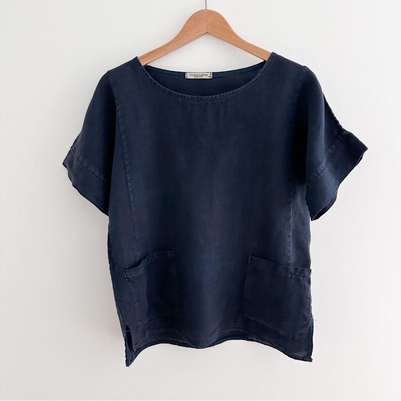 Italian Linen Boxy Top Navy Blue Made in Italy Relaxed Minimal Blouse ...