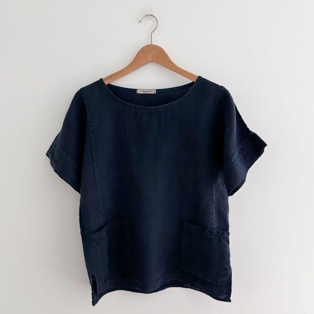 Italian Linen Boxy Top Navy Blue Made in Italy Relaxed Minimal Blouse ...
