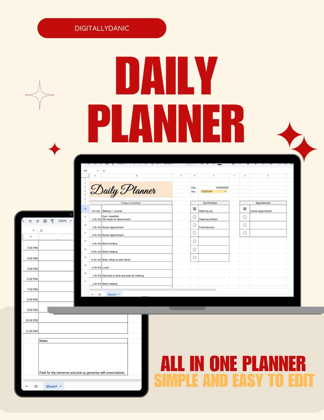 Daily Planner Template – Google Sheets Digital Hourly Schedule ...