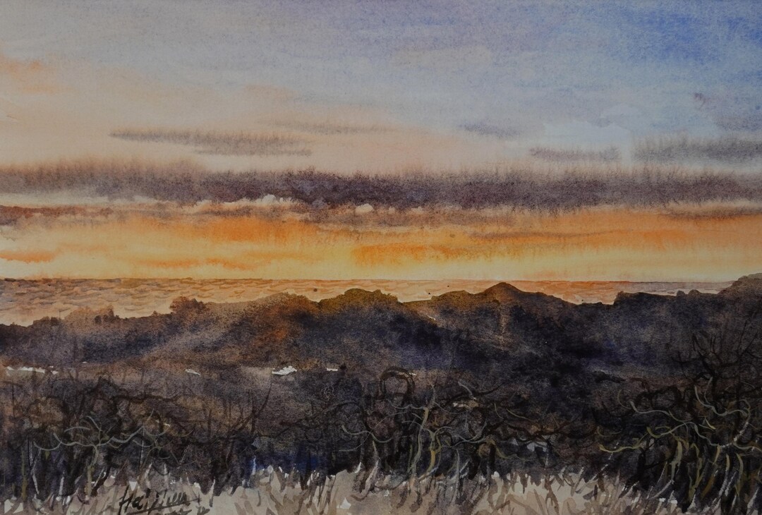 Golden Sunset Painting, Hills Landscape Art - Etsy