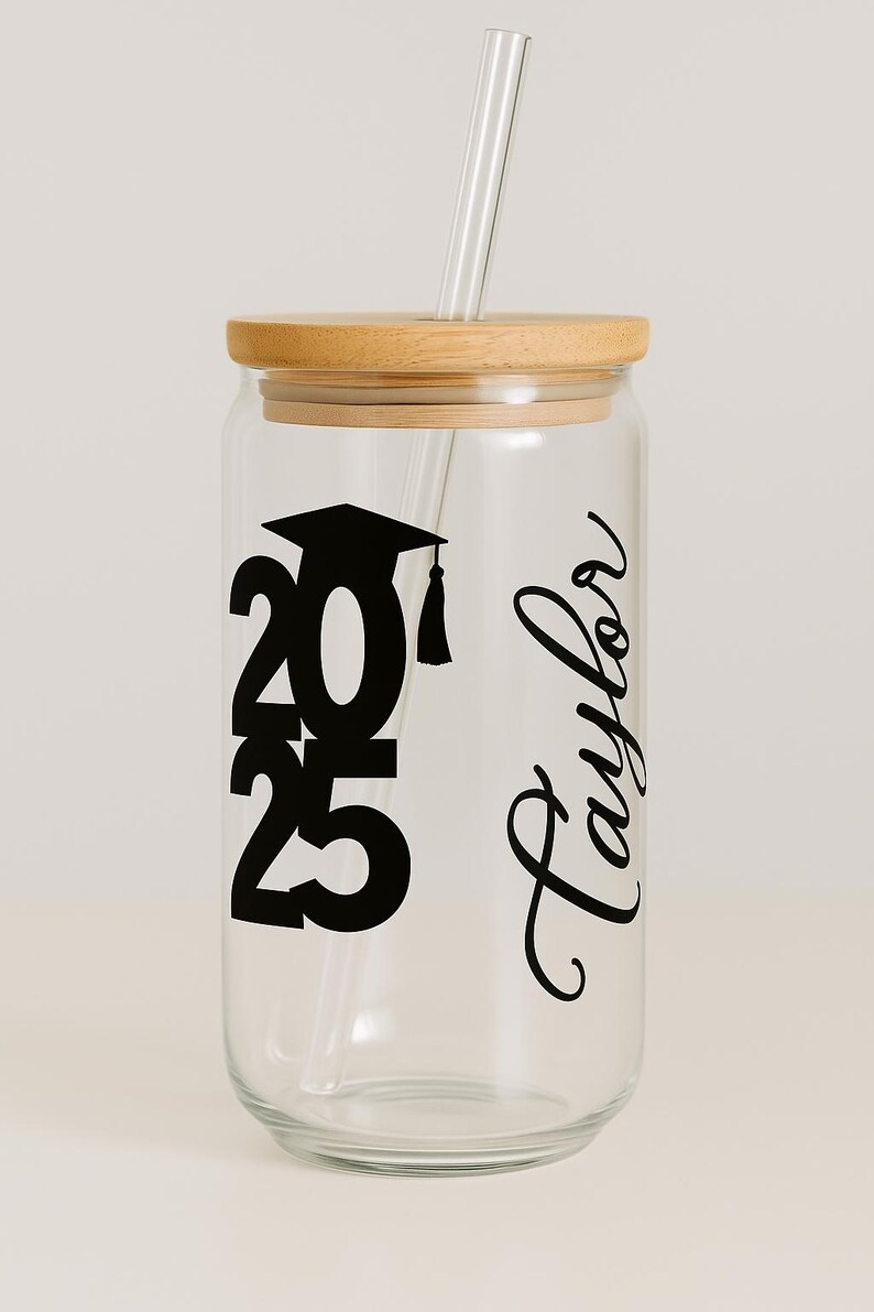 2025 Graduation Glass Cup With Bamboo Lid & Straw | Personalized ...