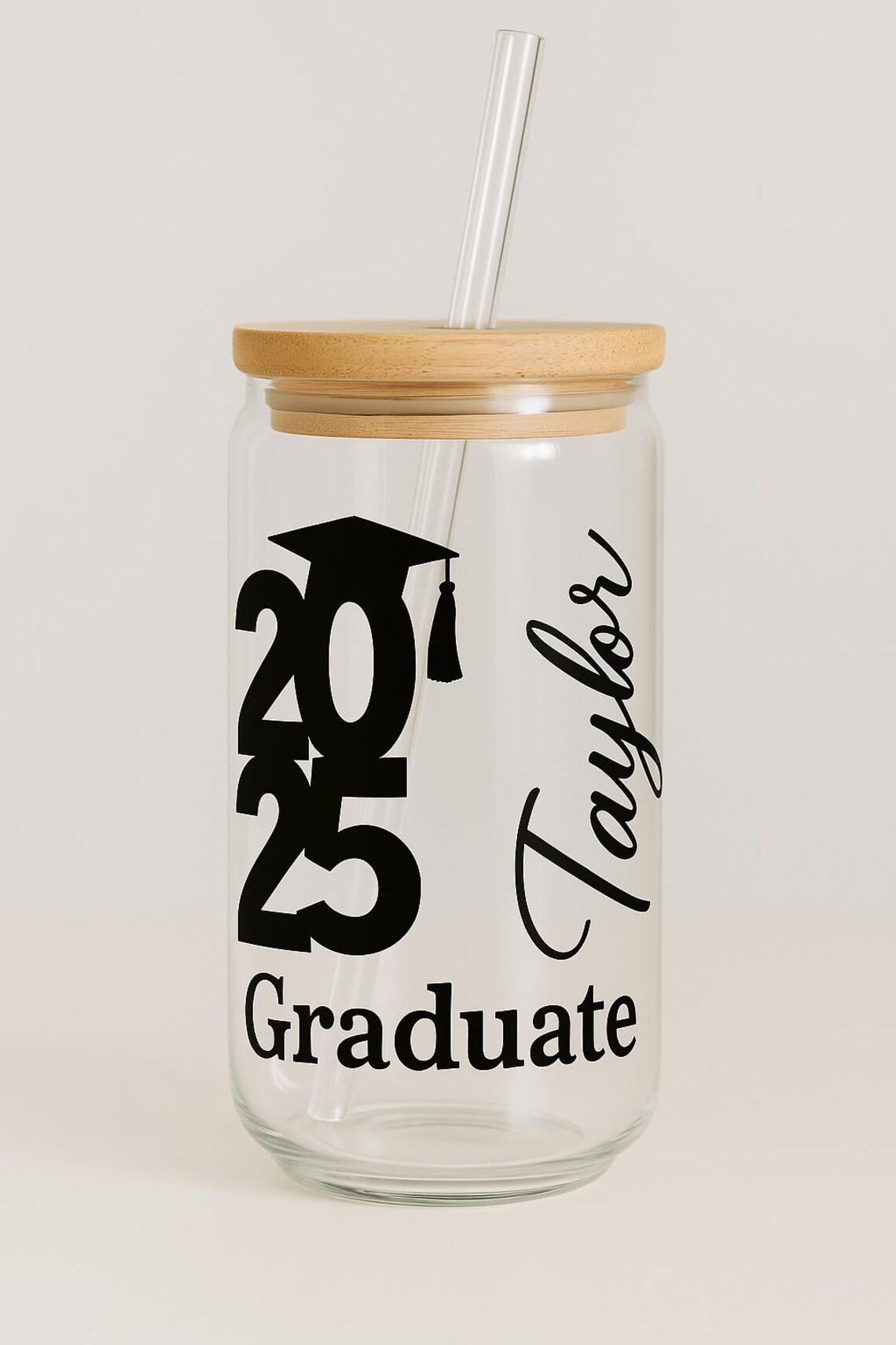 2025 Graduation Glass Cup With Bamboo Lid & Straw | Personalized ...