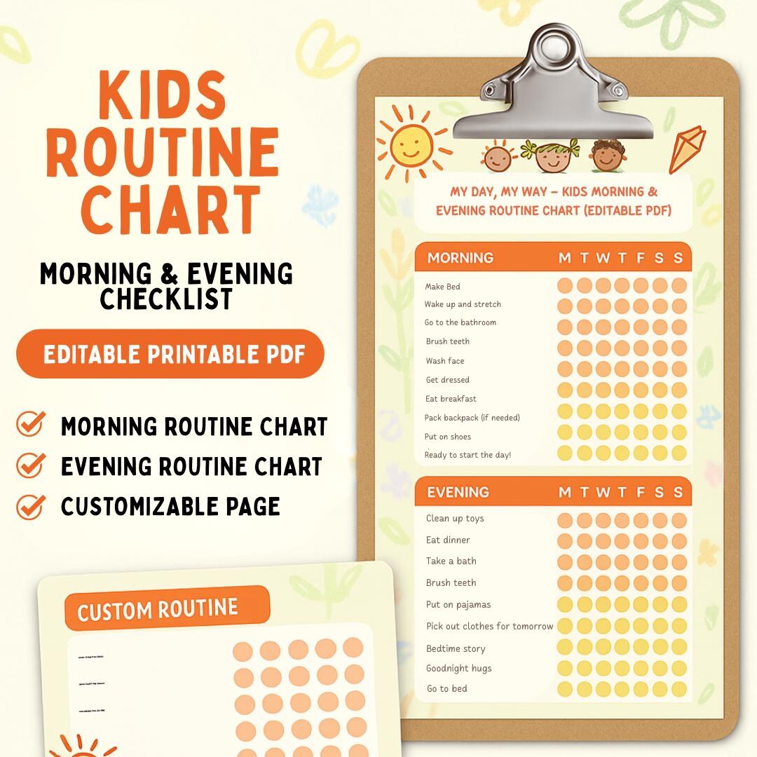Kids Routine Chart | Morning & Evening Checklist | Editable Printable ...