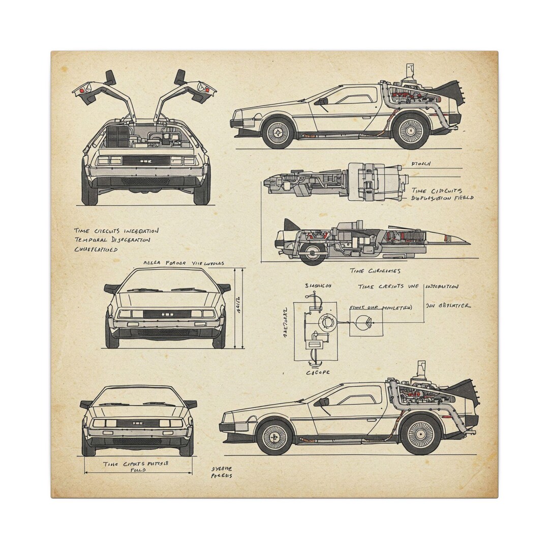 Delorean Blueprint Wall Art, Vintage Car Decor, Retro Automotive Canvas ...