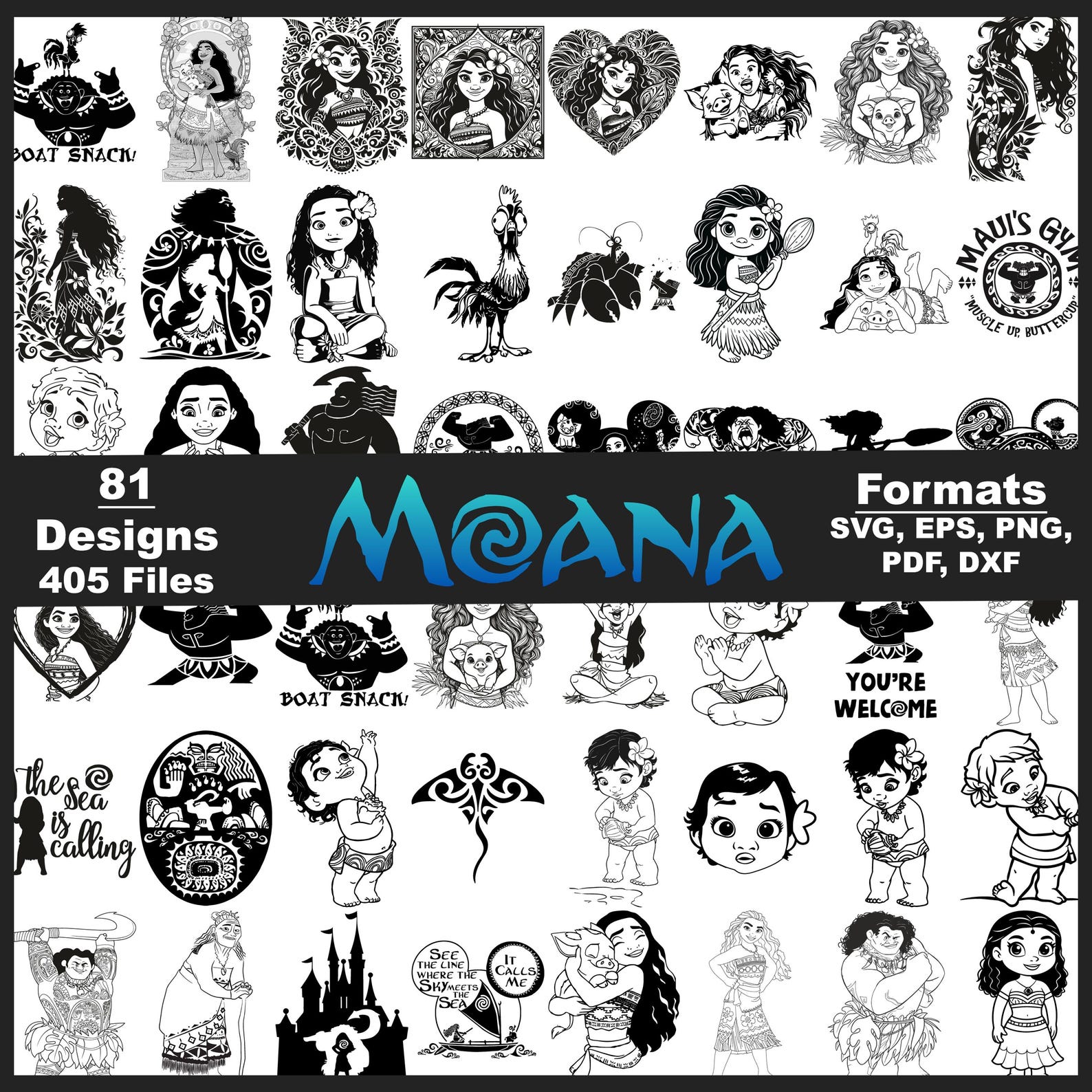 Moana Outline Clipart Bundle (svg, Png, Eps, Pdf, Dxf) (digital ...