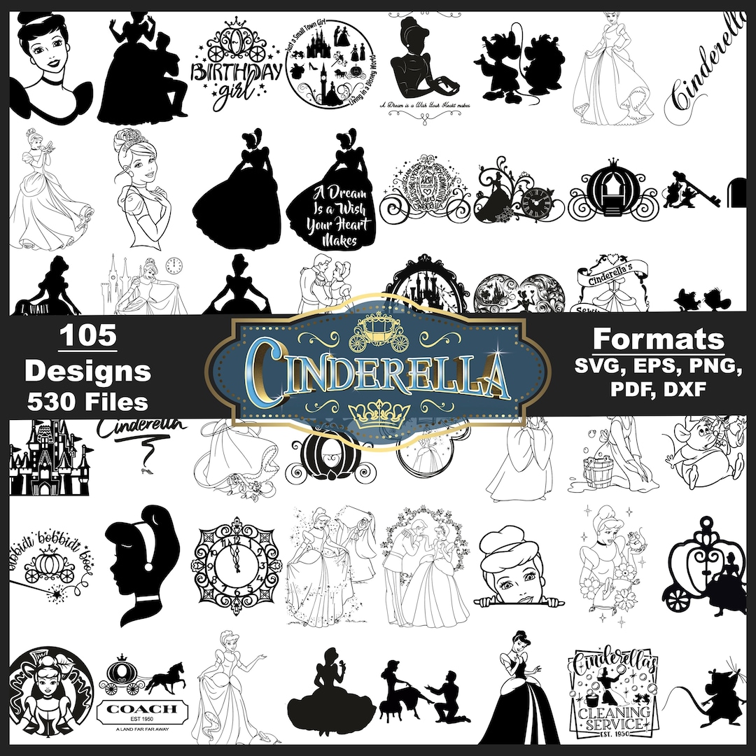 Paquete de imágenes prediseñadas SVG de contorno de Cenicienta, silueta ...