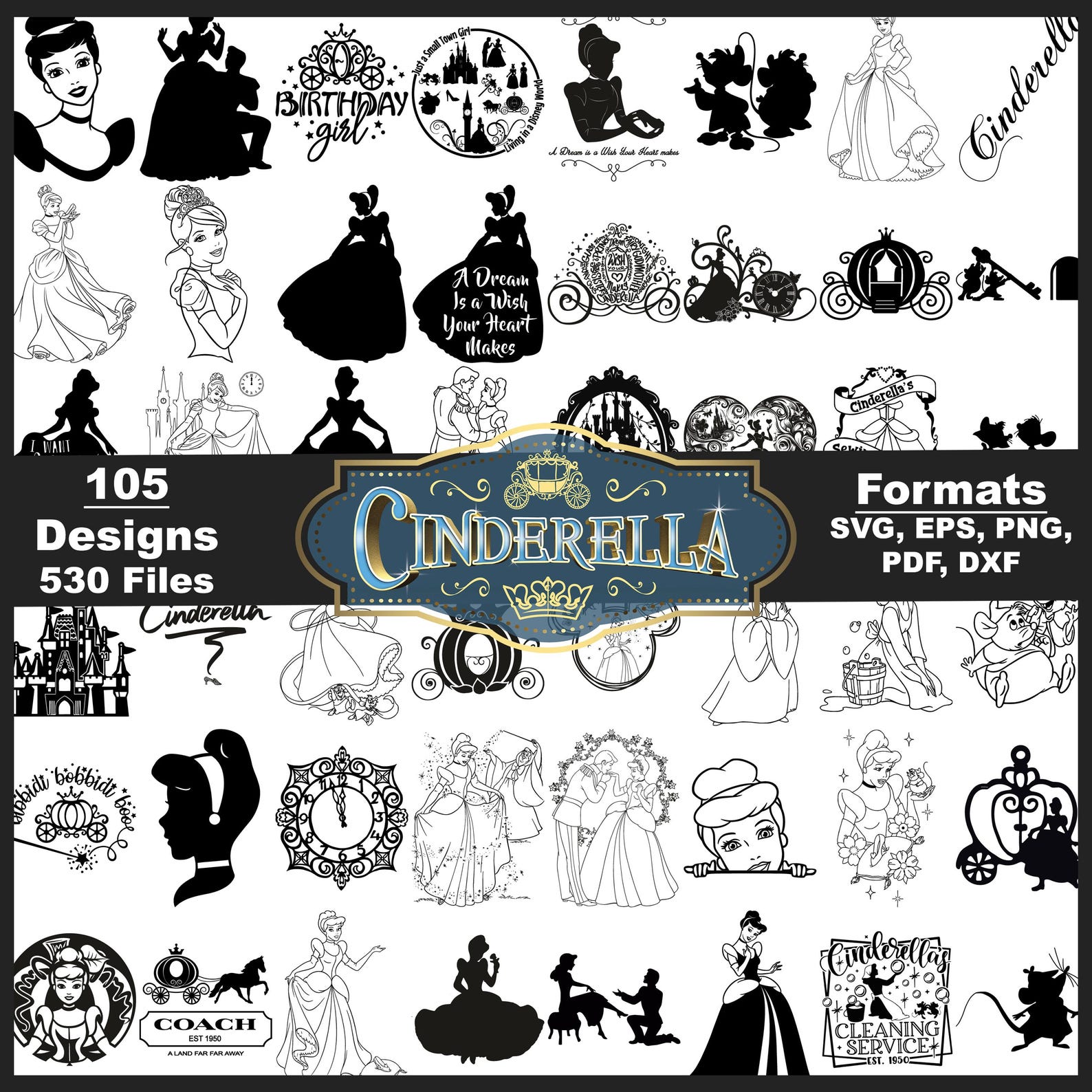 Cinderella Outline SVG Clipart Bundle, Princess Silhouette (digital ...