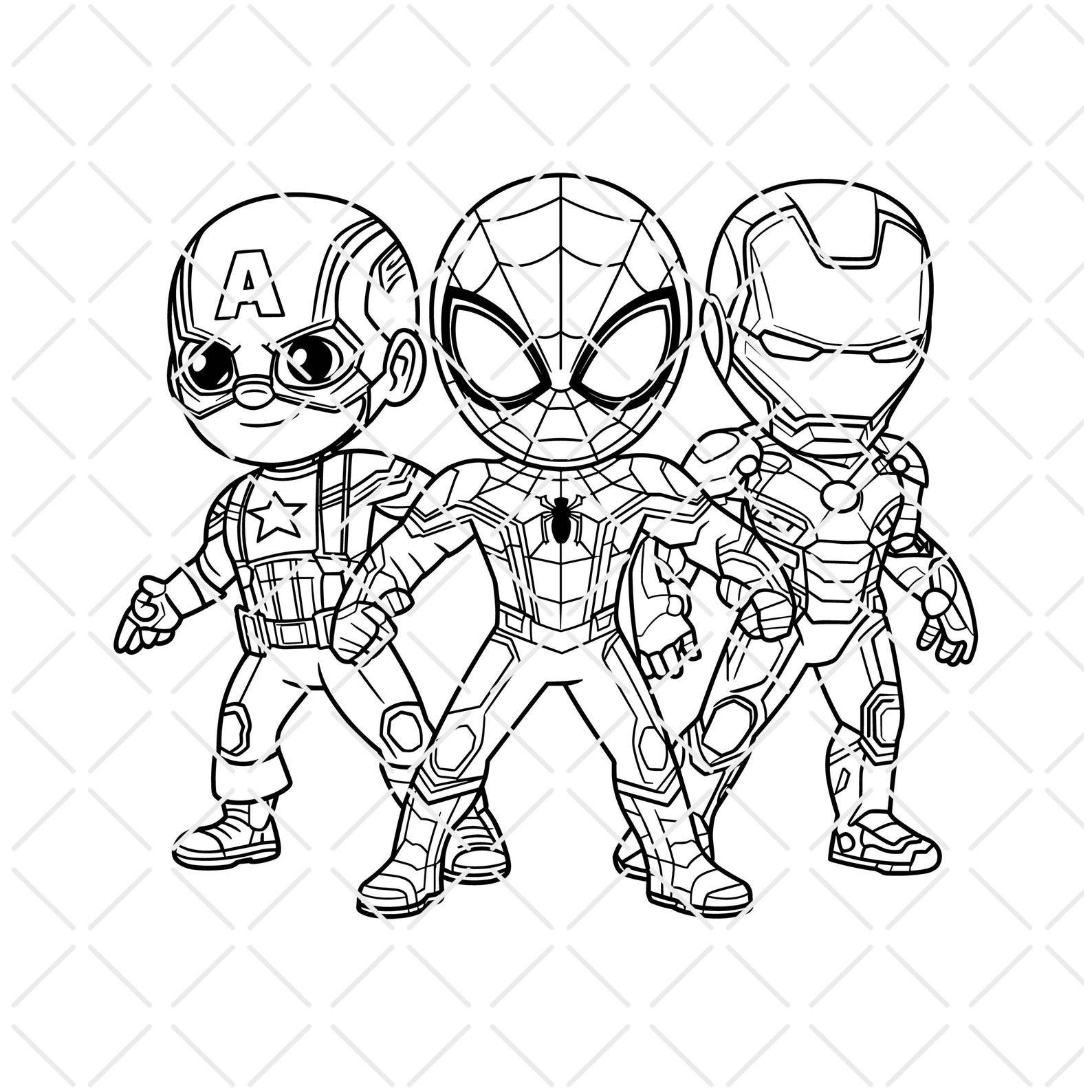 Avengers Mega Bundle SVG - Avengers Chibi Outline, Spiderman, Captan ...