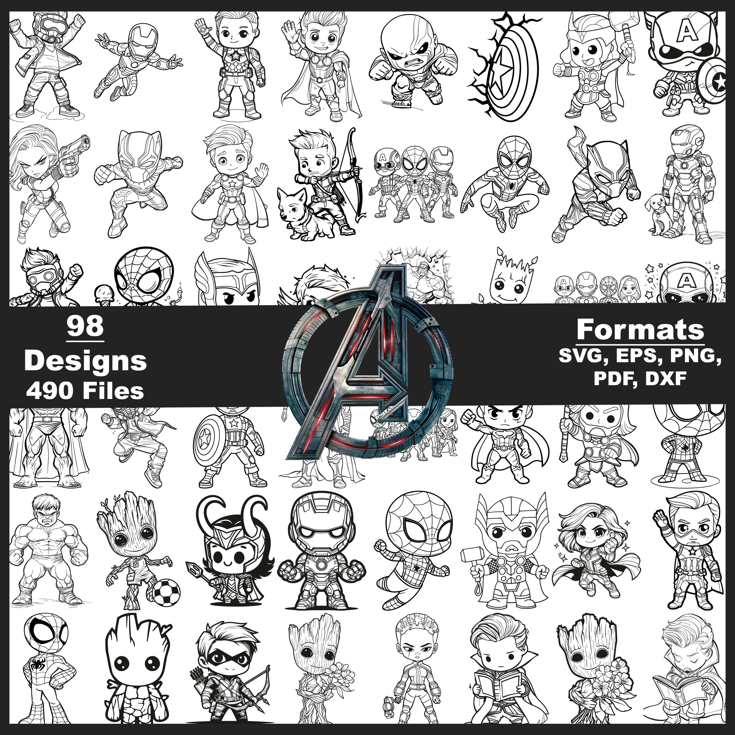 Avengers Mega Bundle SVG - Avengers Chibi Outline, Spiderman, Captan ...