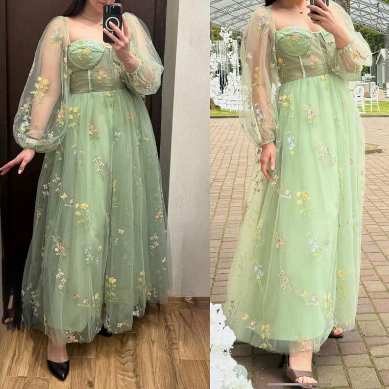 Flower Embroidered Tulle Evening Dress, Tea-length Puffy Long Sleeves ...