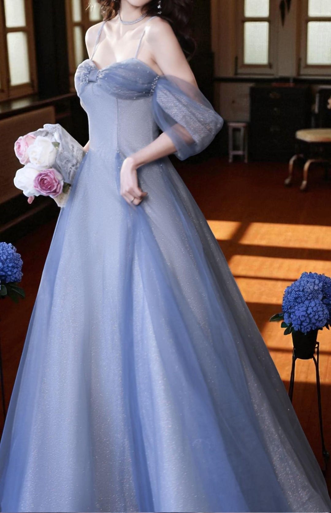 Fairy Blue Grey off Shoulder Prom Dress, Prom Dress, Blue Grey Dress ...