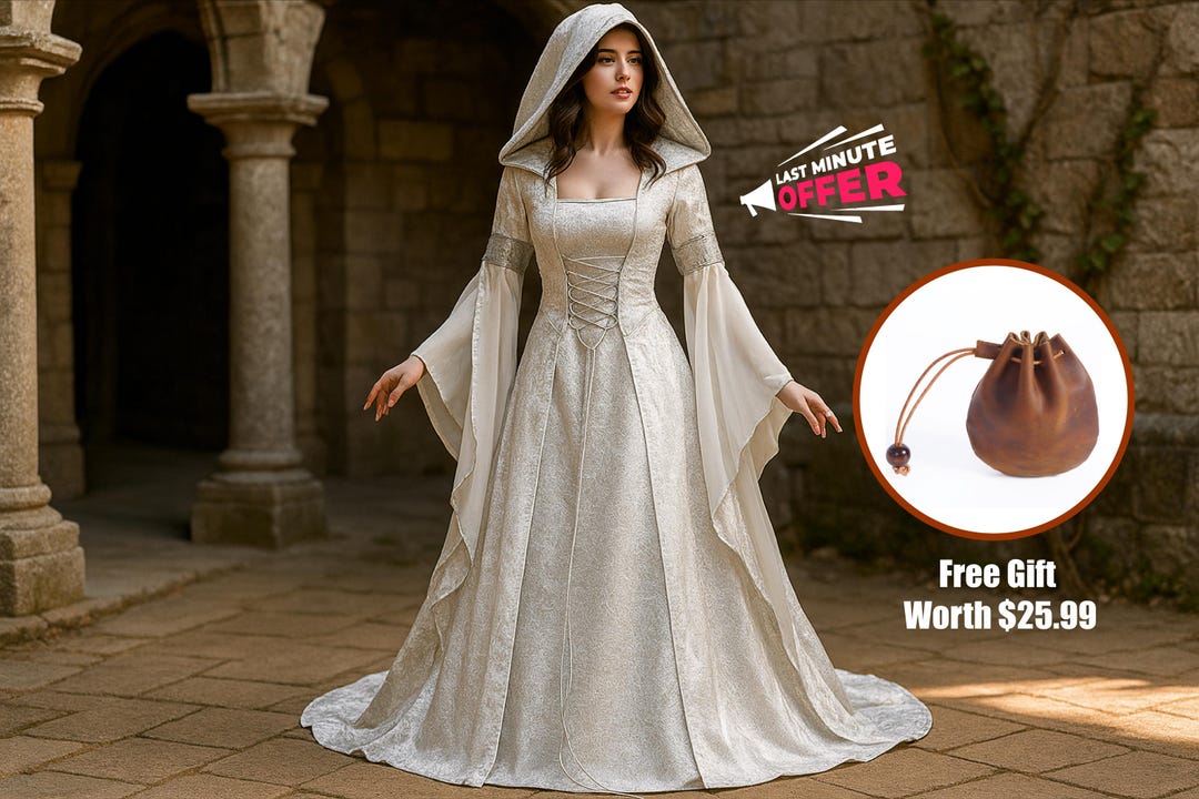 Medieval Hooded Fairy Dress + Free Cloak Bag Gift | Elven Fantasy Gown ...