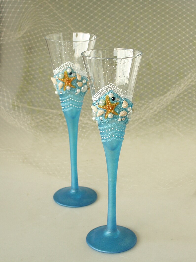 Beach Wedding Glasses Blue Starfish Champagne Flutes Shells - Etsy
