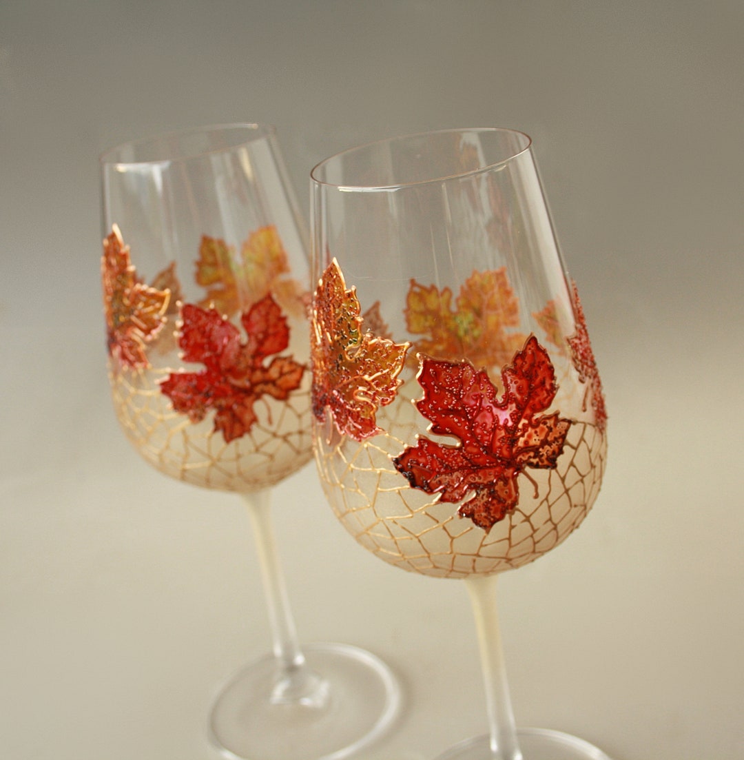 Fall Leaves Wine Glasses Autumn Maple Leaves Hand Painted Set of 2 - Etsy