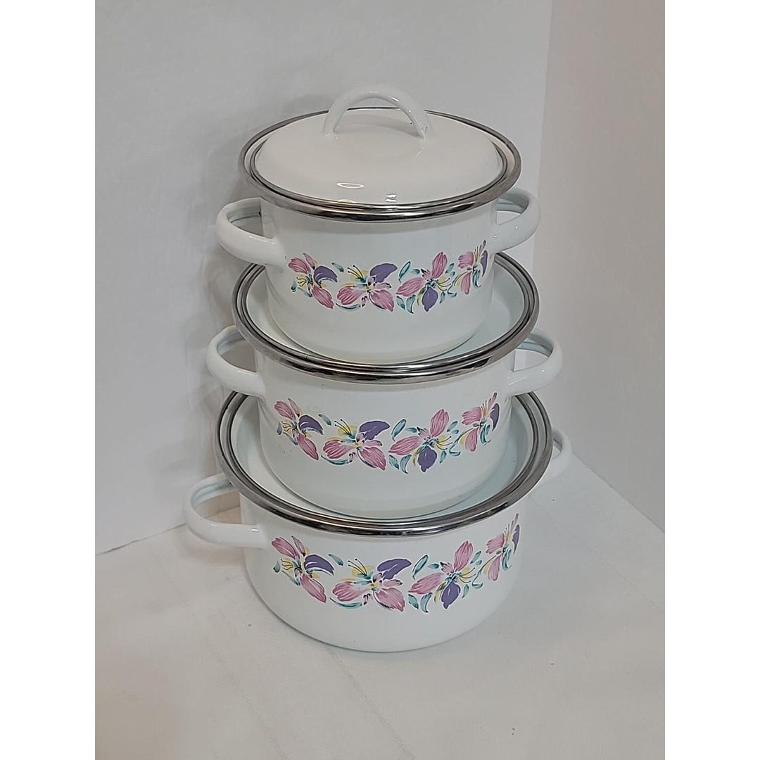 3 Vintage Mini Enameled Porcelain and Metal Pot Set Iris Floral 6 Piece ...