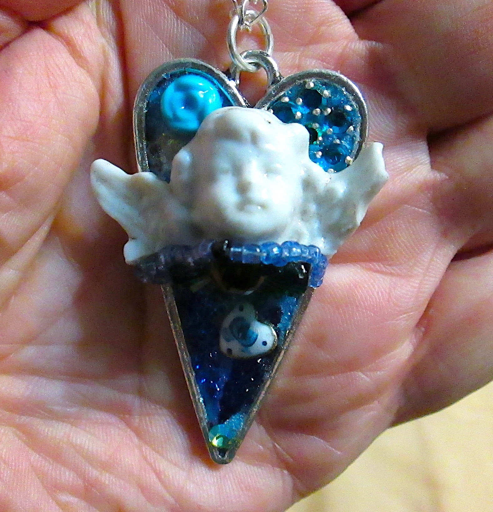 Vintage angel Heart Porcelain Face, Heart Pendant With Cabochons ...