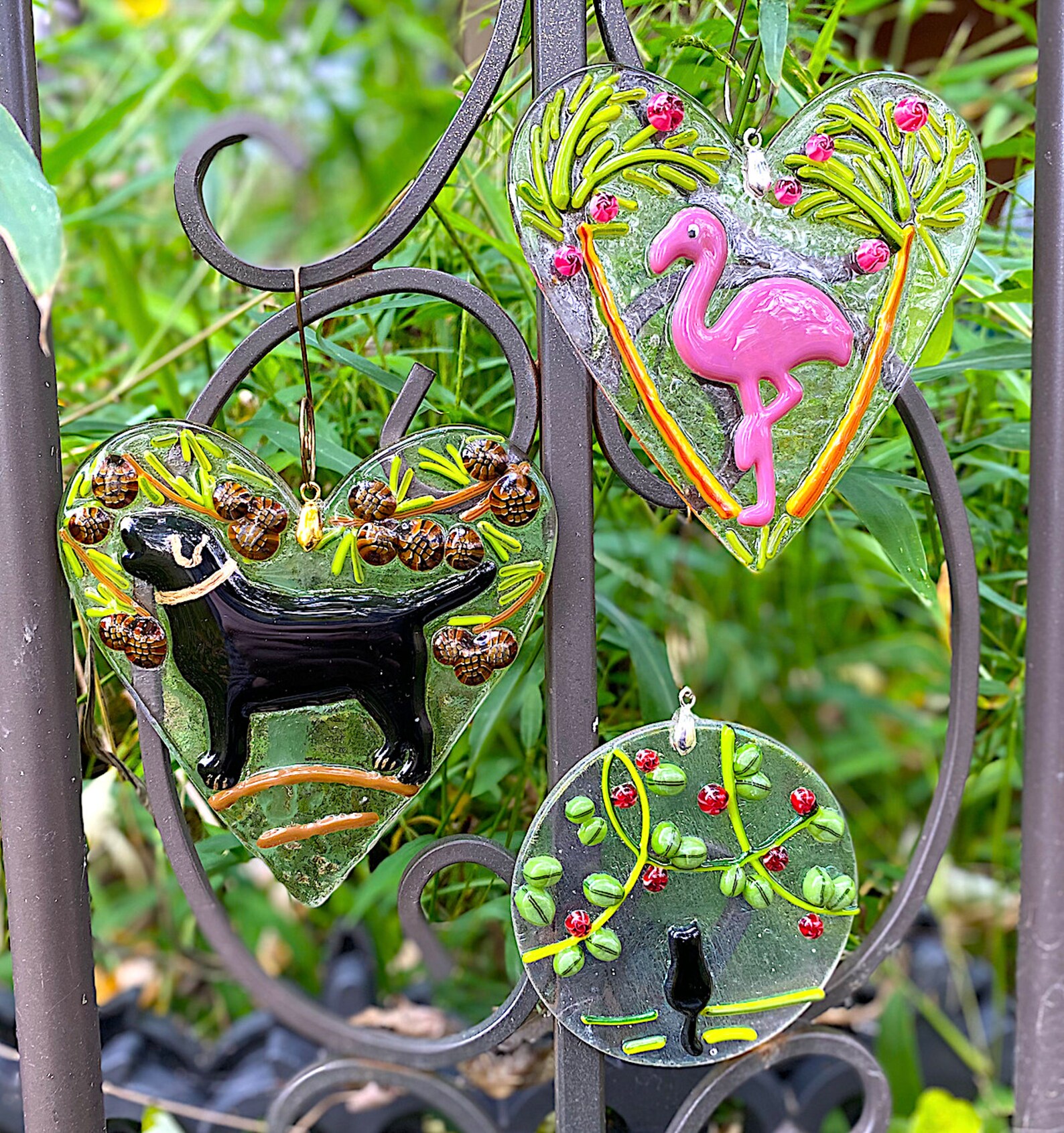Pink Flamingo Under the Holiday Palm Trees Heart Fused Ornament ...