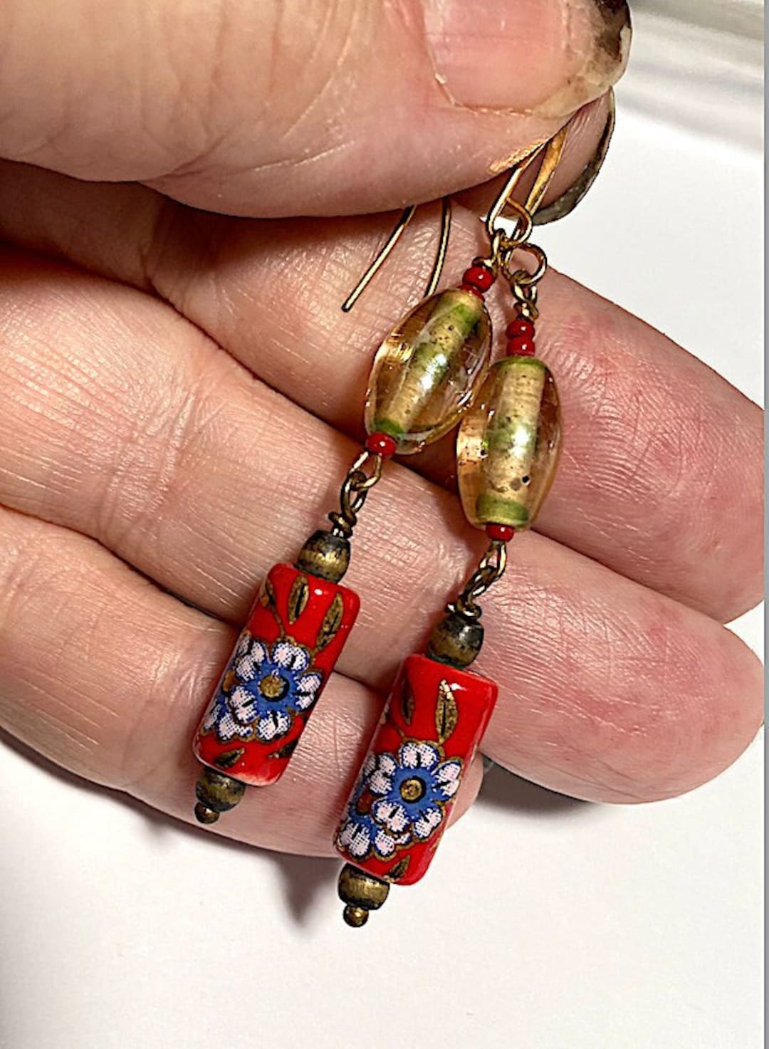 Vintage Spanish Red Glass Bead With Flower & Gold Dangles, 2C-24 - Etsy