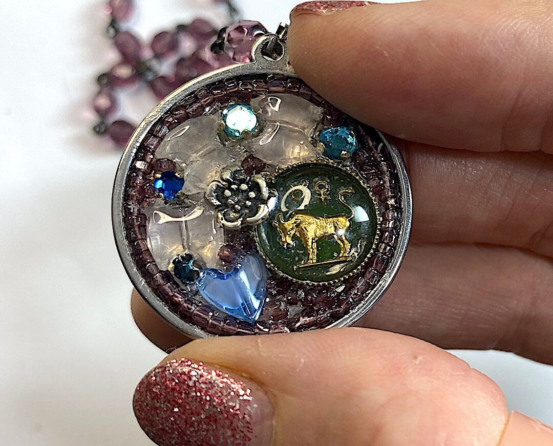 Taurus Zodiac Assemblage Pendant, Vintage Glass Beads, Moonstones a ...
