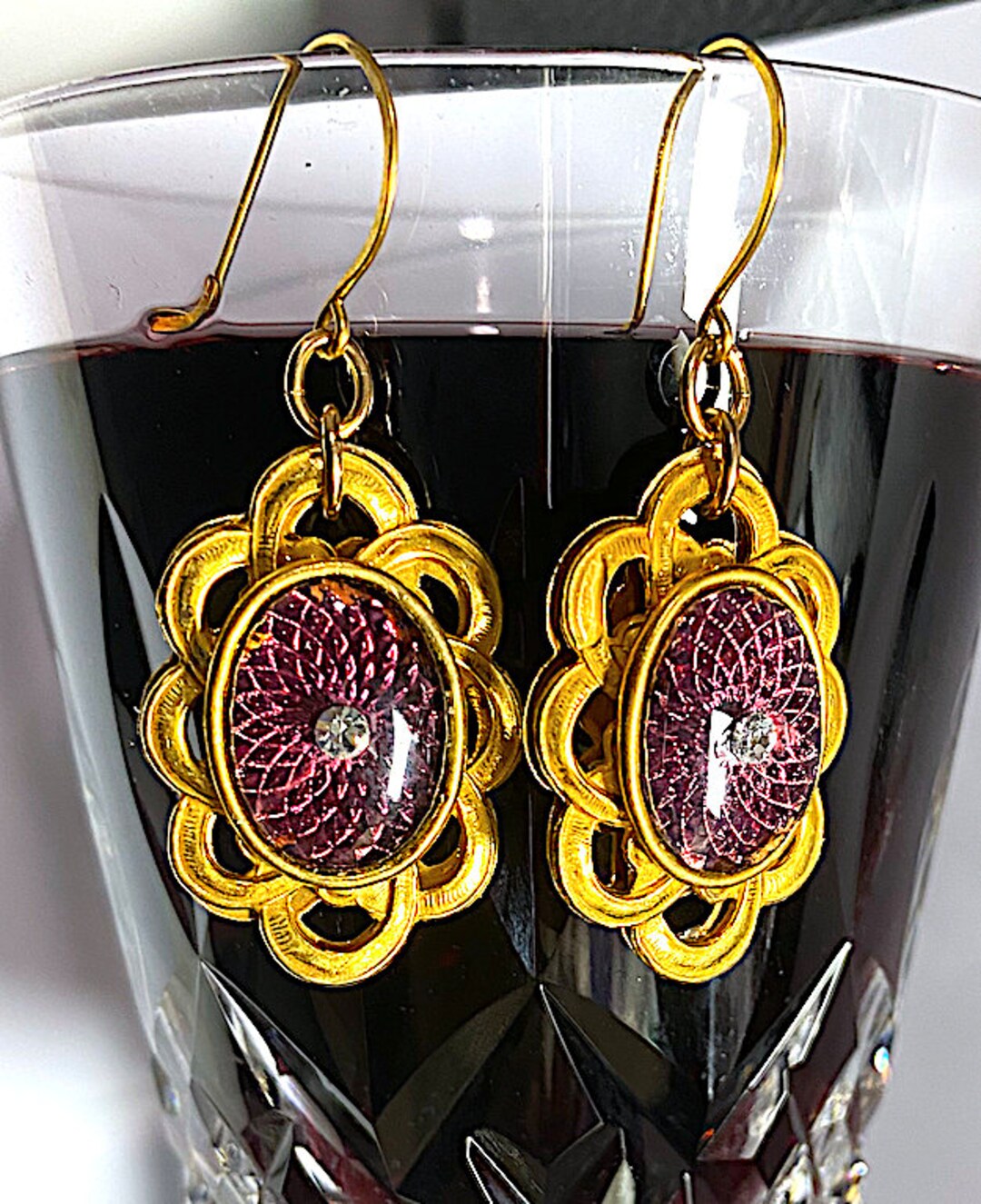 Amethyst Camphor Intaglio Earrings, Set in Brass Frames, 2" Long, 2C-09 ...