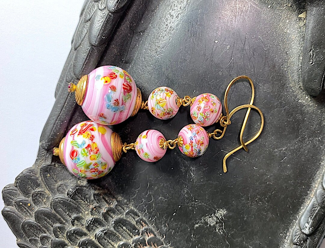 Pink Glass Swirl Bead With Millefiori, Vintage Japanese Beads, Brass ...