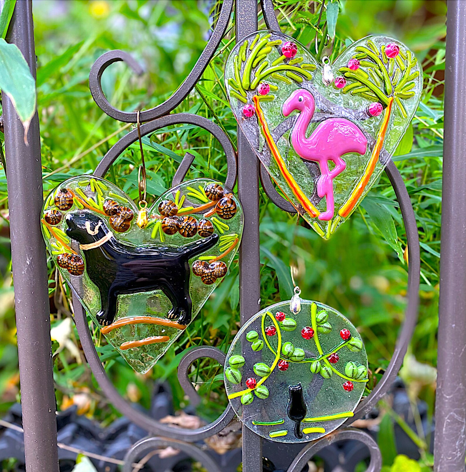 Pink Flamingo Under the Holiday Palm Trees Heart Fused Ornament ...