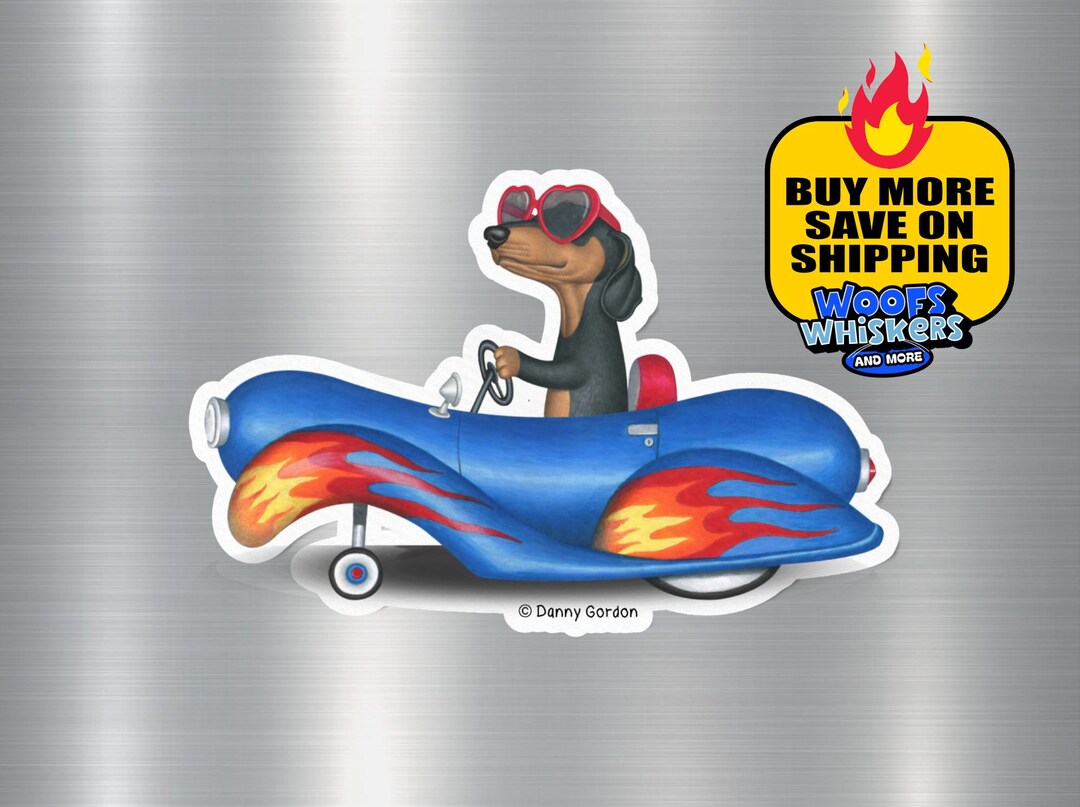 Dachshund Hot Rod Sticker, Wiener Dog Car Decal, Retro Flame Art ...