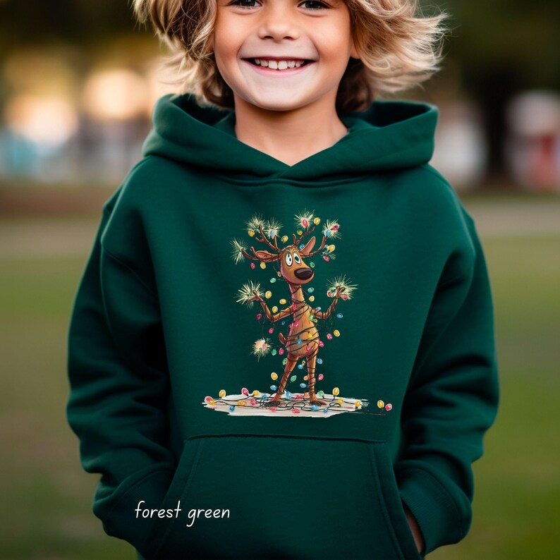 Youth Reindeer Christmas Hoodie: Tangled Lights Sweatshirt, Festive ...