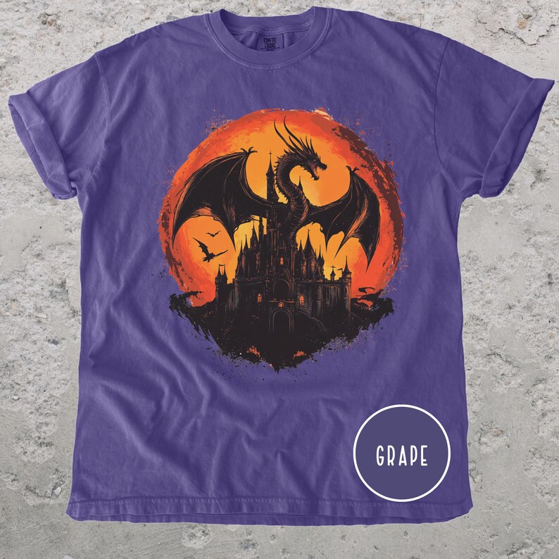 Dragon Castle Silhouette Sunset Fantasy Graphic T Shirt Gothic Dark ...
