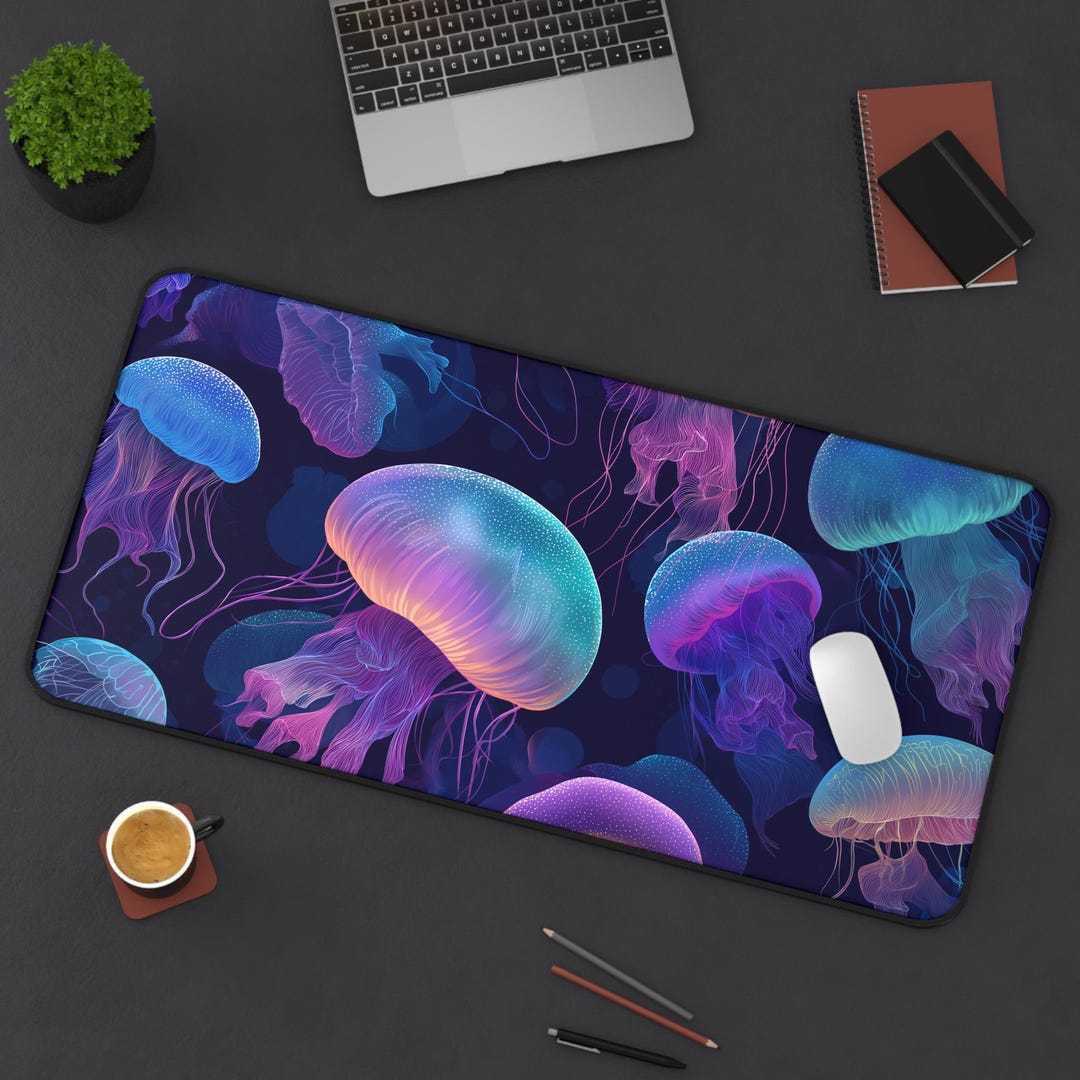 Underwater Jellyfish Desk Mat Neoprene Desk Pad Ocean Glow Desk Decor ...
