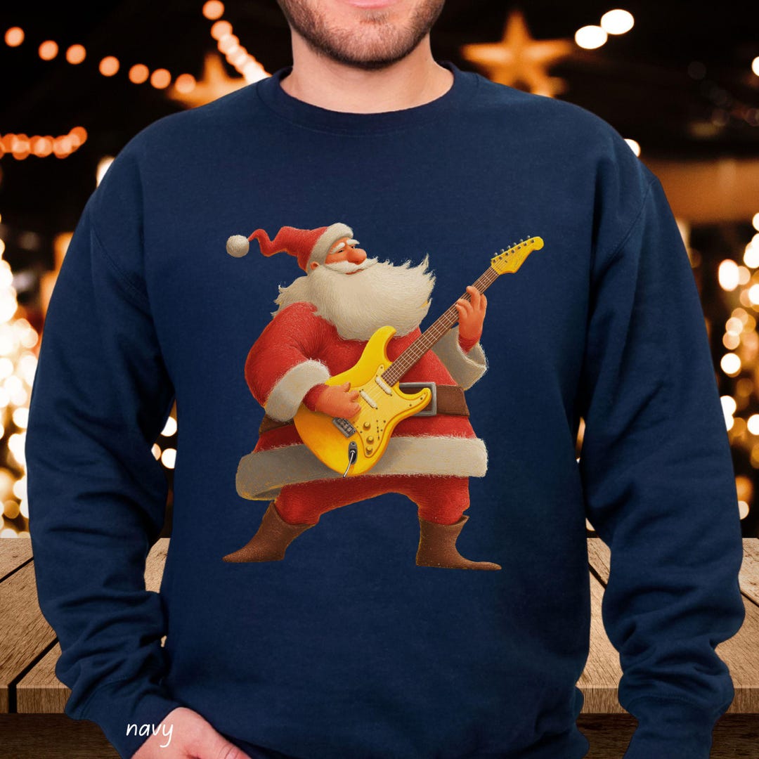 Vintage Rocker Santa Christmas Sweatshirt Electric Guitar Holiday Party ...