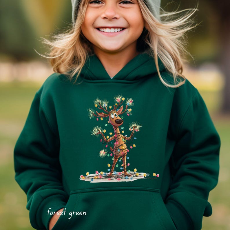 Youth Reindeer Christmas Hoodie: Tangled Lights Sweatshirt, Festive ...