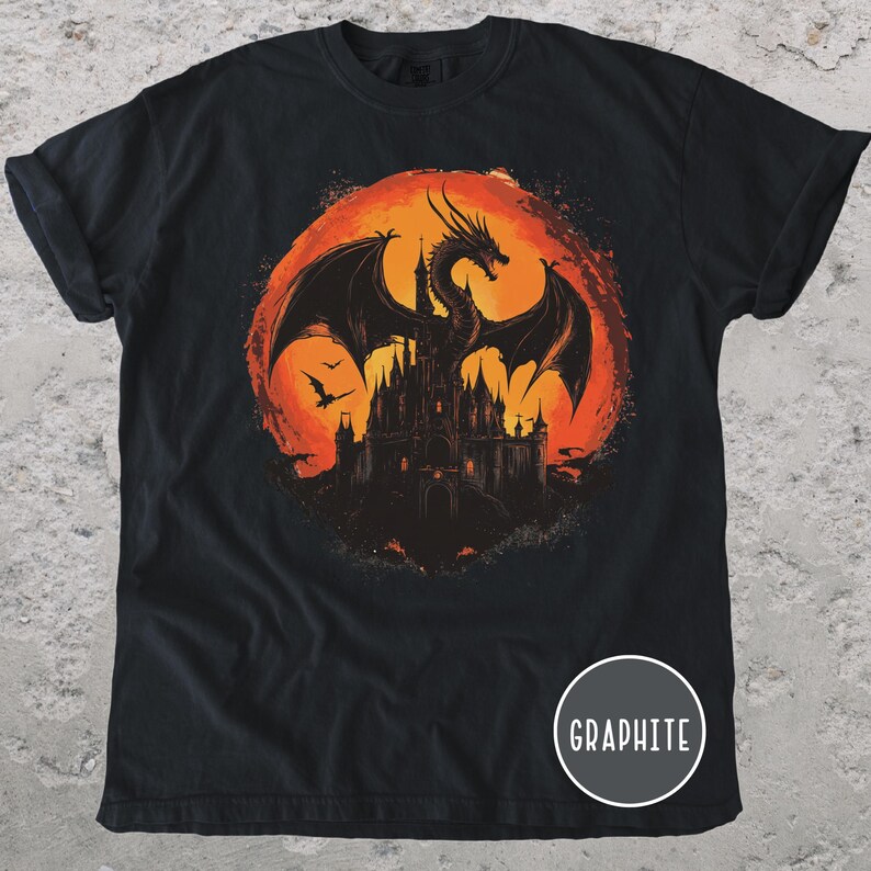 Dragon Castle Silhouette Sunset Fantasy Graphic T Shirt Gothic Dark ...
