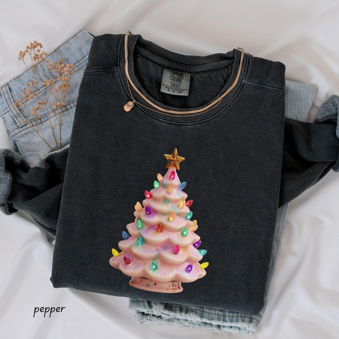 Pink Ceramic Christmas Tree Shirt Traditional Holiday Lights Tee Cute ...