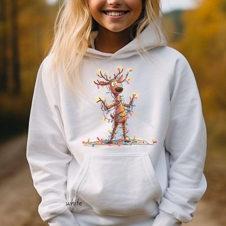 Youth Reindeer Christmas Hoodie: Tangled Lights Sweatshirt, Festive ...