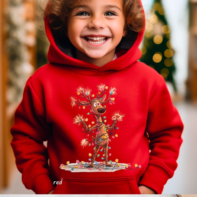 Youth Reindeer Christmas Hoodie: Tangled Lights Sweatshirt, Festive ...