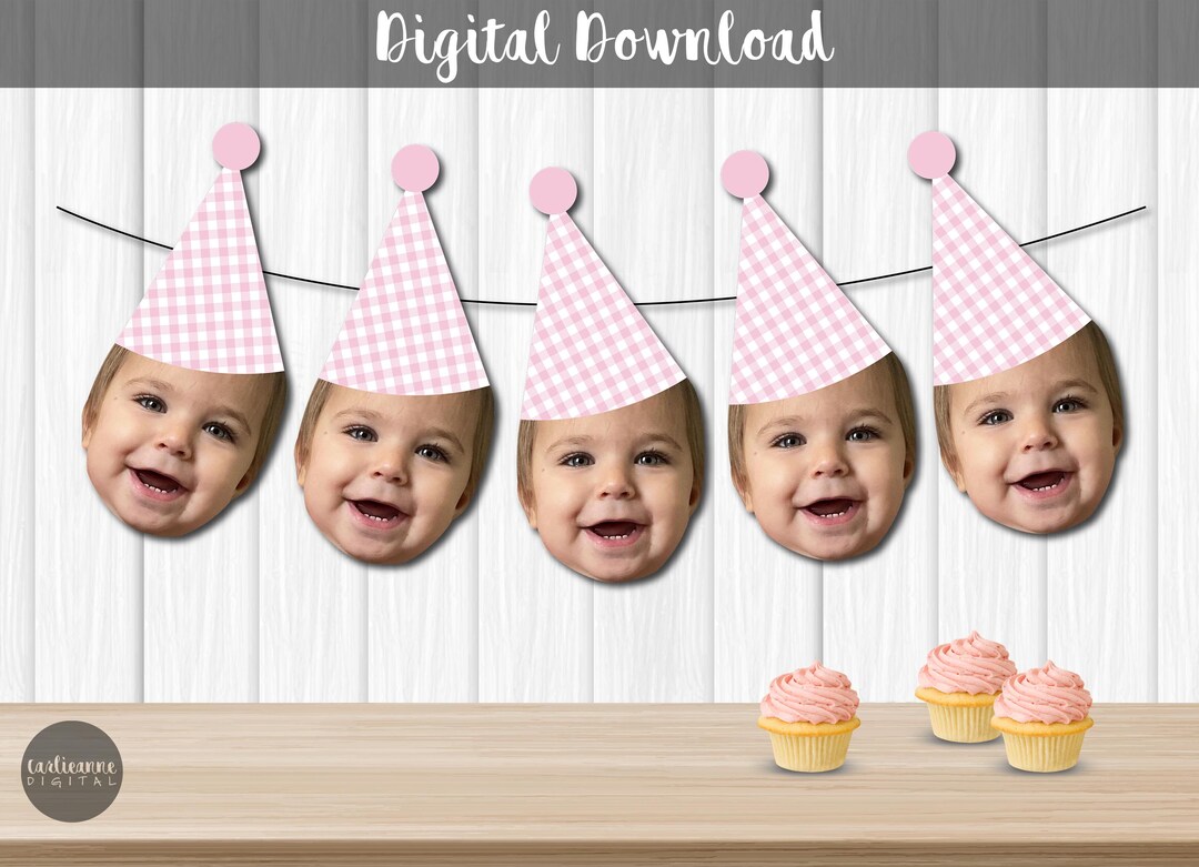 Pink Gingham 1st Birthday Face Banner, Pastel Gingham Face Garland ...