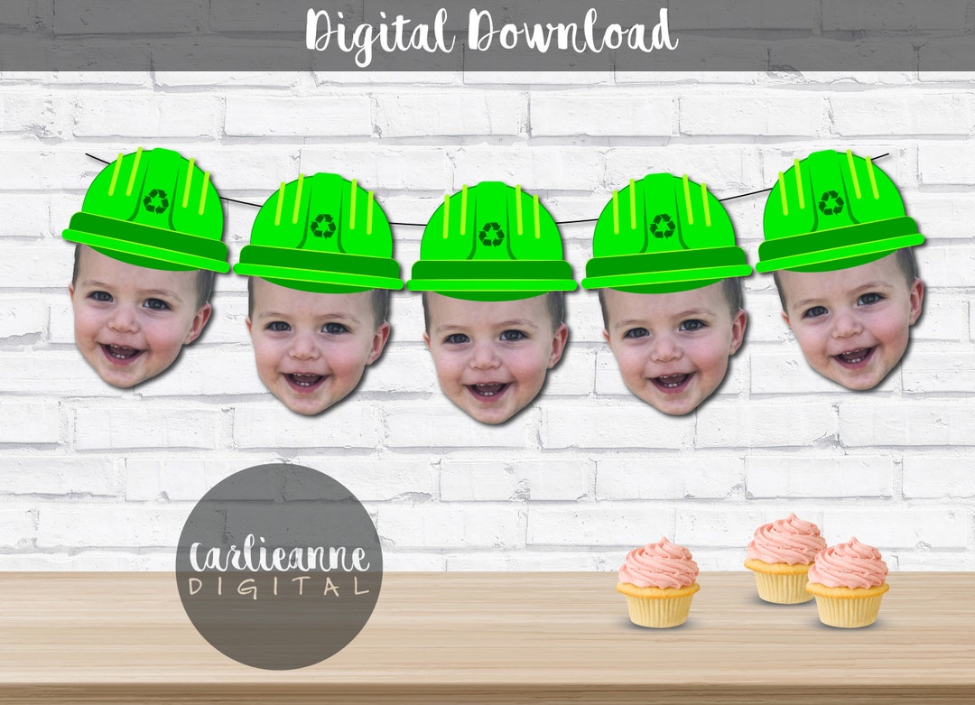 Recycling Hard Hat Face Banner, Trash Bach Birthday Banner, Kids ...