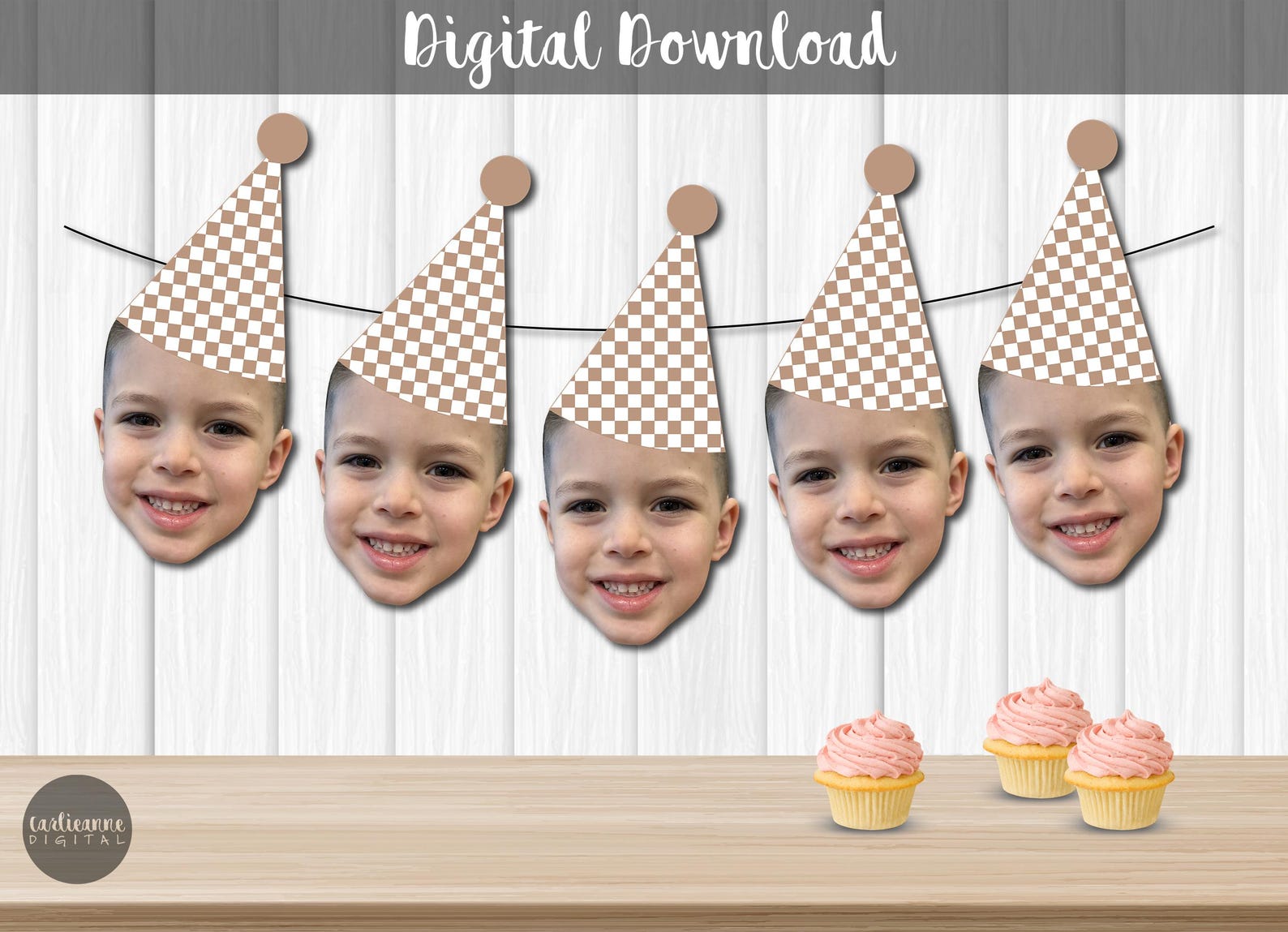 Tan & White Checkered Party Hat Face Banner for One Happy Dude Birthday ...