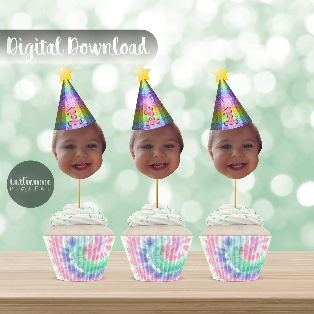 First Birthday Cupcake Topper, Rainbow Glitter Party Hat Cupcake ...