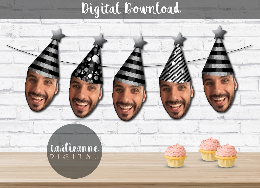 Face Decoration Party Hat Banner, Custom Face Photo Wearing Black White ...