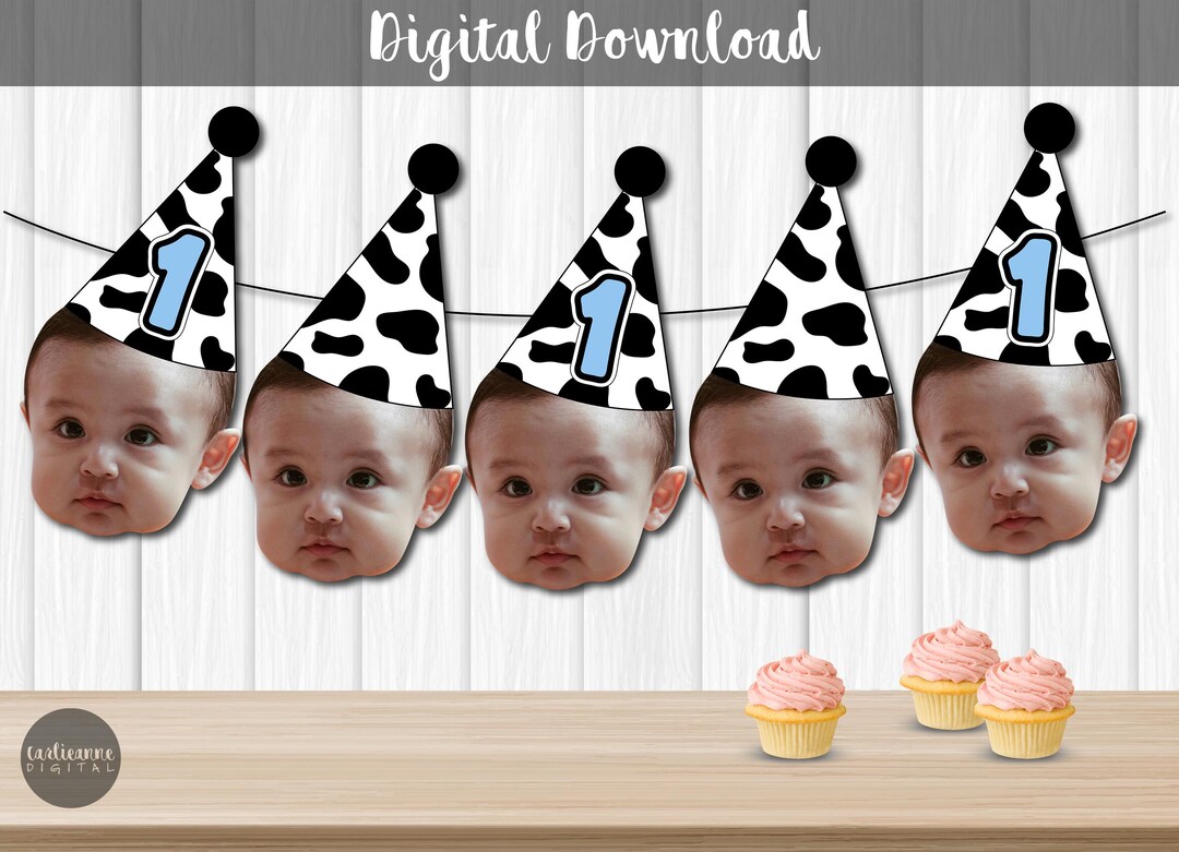 Holy Cow I'm One Cow Print Party Hat Face Banner for 1st Birthday, Farm ...