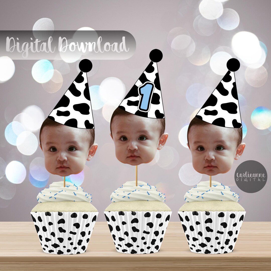 Holy Cow I'm One Cow Print Party Hat Face Cupcake Toppers for 1st ...