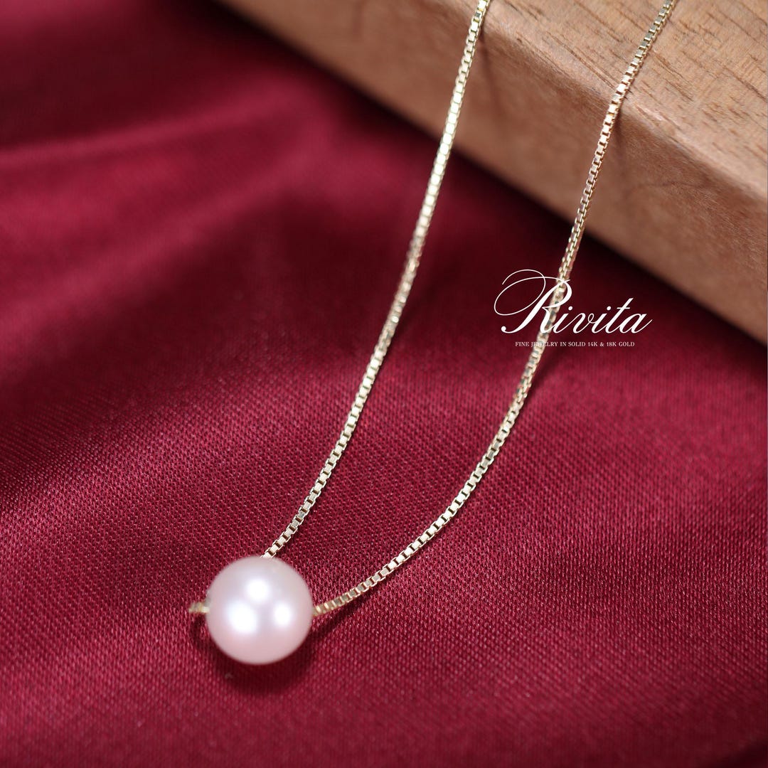 14k Gold Small Floating Pearl Necklace: Single Solitaire Pearl Box ...