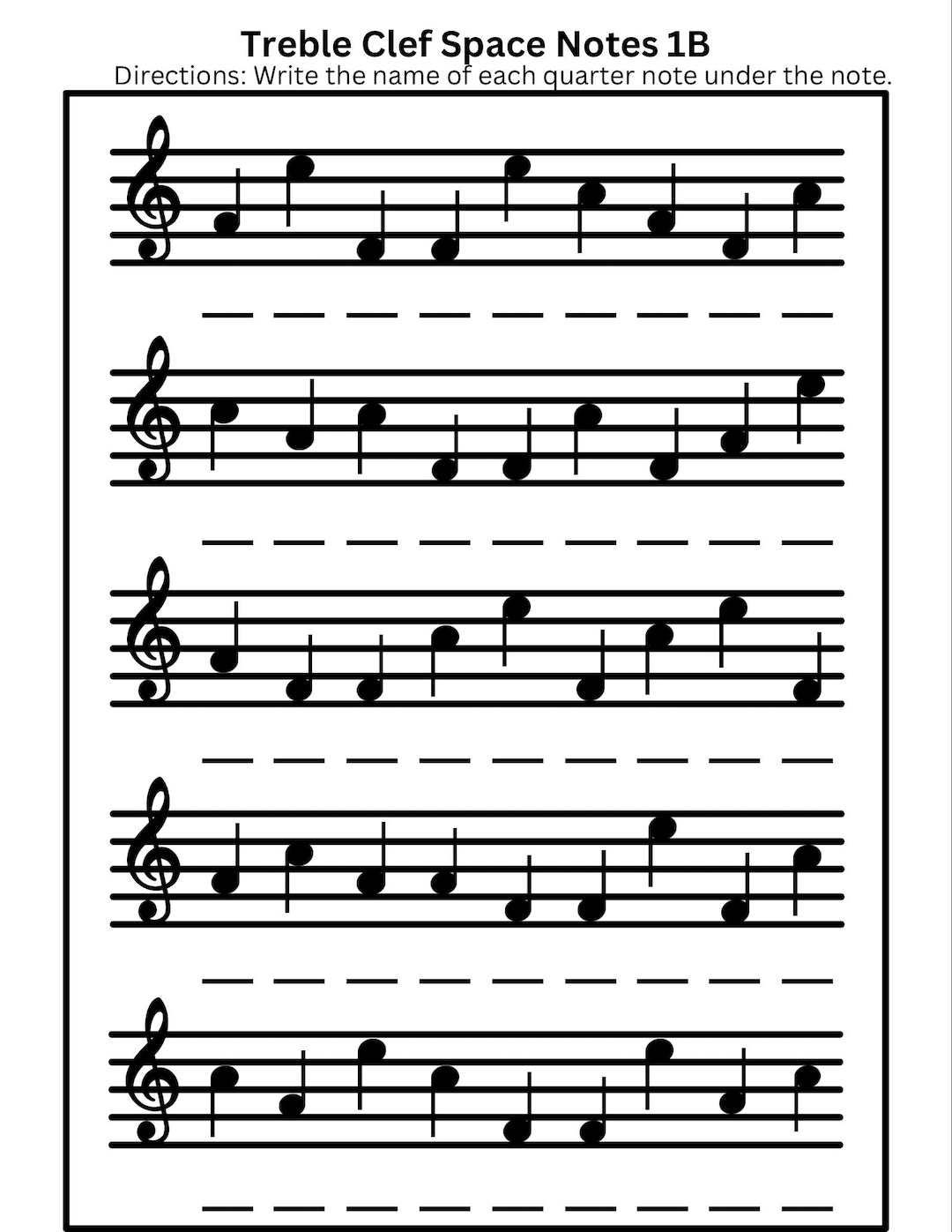 Treble Clef Space Notes Worksheet 1B - Etsy
